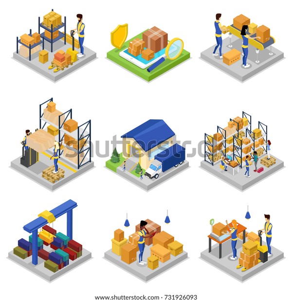 Warehouse management isometric 3D set. Freight warehousing and goods ...