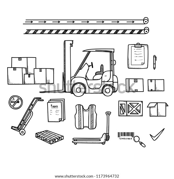 Warehouse Tools Warehouse Forklift Doodle Line Stock Vector (Royalty ...