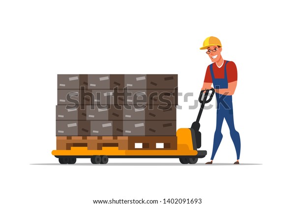 Warehouse worker cartoon character. Handymen loading cardboard boxes ...