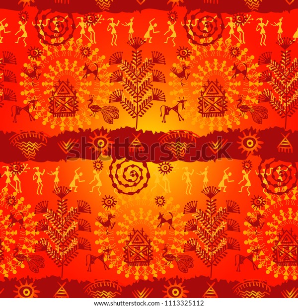 Warli Art Painting Seamless Pattern Hand 库存矢量图（免版税）1113325112 ...