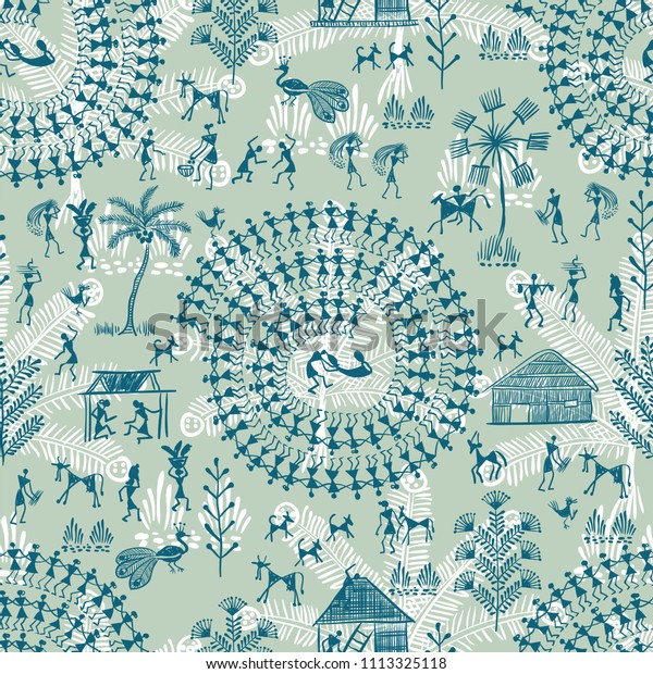 Warli Art Painting Seamless Pattern Hand Stock Vector (Royalty Free ...