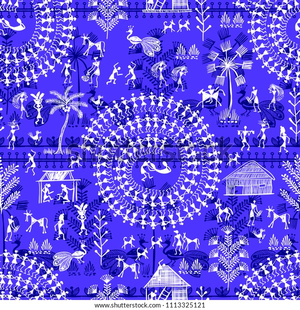 Warli Art Painting Seamless Pattern Hand Stock Vector (Royalty Free ...