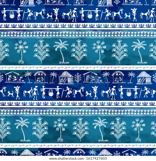 Warli Art Painting Seamless Pattern Hand Stock Vector (Royalty Free ...