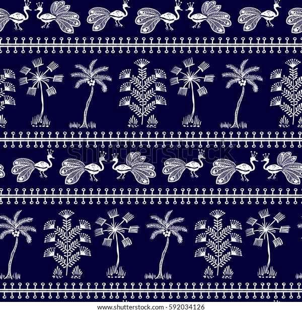 Warli Art Painting Seamless Pattern Hand Stock Vector (Royalty Free ...