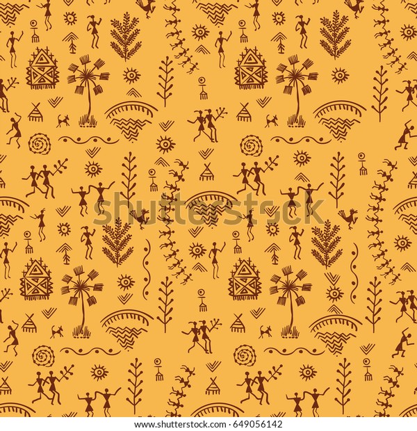 Warli Art Painting Seamless Pattern Hand Stock Vector (Royalty Free ...
