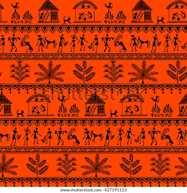 Warli Painting Seamless Pattern Hand Drawn Stock Vector (Royalty Free ...