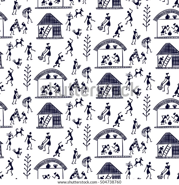 Warli Painting Seamless Pattern Hand Drawn Stock Vector (Royalty Free ...