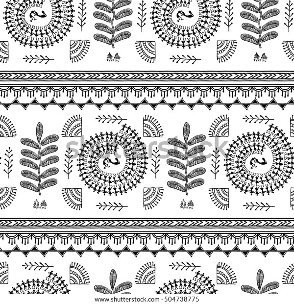 Warli Painting Seamless Pattern Hand Drawn Stock Vector (Royalty Free ...