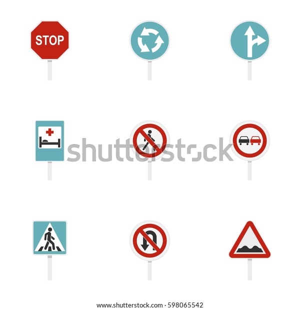 Warning Traffic Sign Icons Set Flat Stock Vector (Royalty Free ...