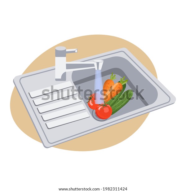 Washing Vegetables Under Running Water Kitchen Stock Vector (Royalty ...