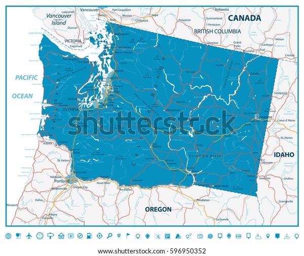 Washington State Road Map Rivers Lakes Stock Vector (Royalty Free ...