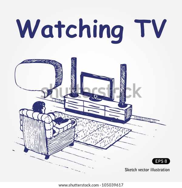 Watching Tv Hand Drawn Sketch Illustration : image vectorielle de stock ...