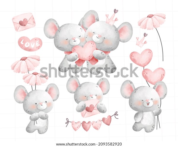 Watercolor Cute Couple Mouse Set Love Stock Vector (Royalty Free ...