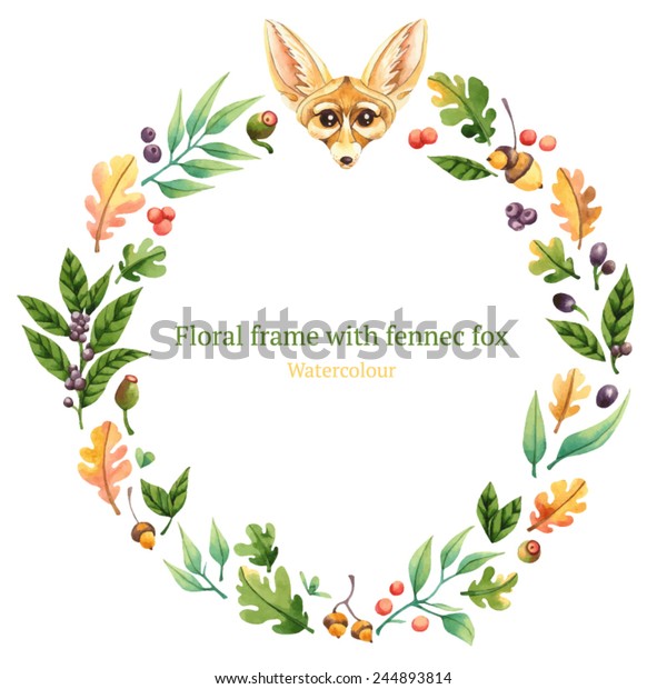 Watercolor Frame Fennec Fox Oak Leaves Stock Vector (Royalty Free ...