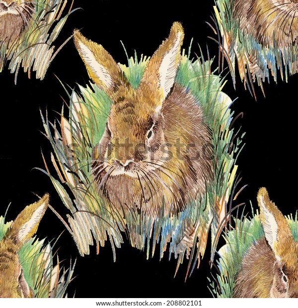 Watercolor Rabbit Seamless Pattern On Black Stock Vector (Royalty Free ...