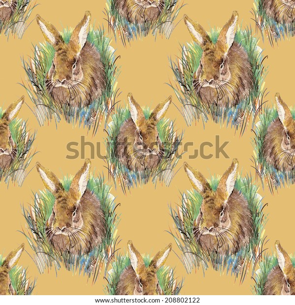Watercolor Rabbit Seamless Pattern On Brown Stock Vector (Royalty Free ...