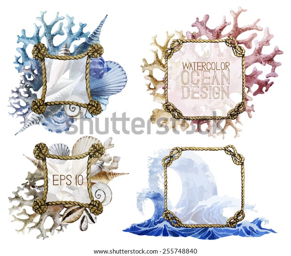 Watercolor Rope Frames Ocean Design Waves Stock Vector (Royalty Free ...
