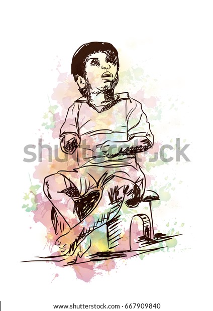 Watercolor with sketch of poor child in vector.