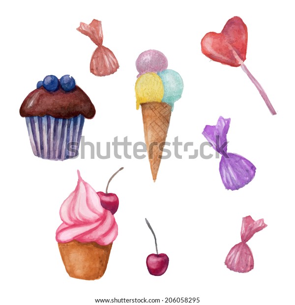 Watercolor Sweets Desserts Set Stock Vector (Royalty Free) 206058295 ...