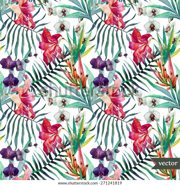 Watercolor Tropical Pattern Wallpaper Background Orchids Stock Vector ...