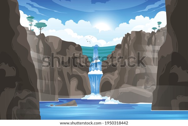 Waterfall Cartoon Background River Stream Flowing Stock Vector (Royalty ...