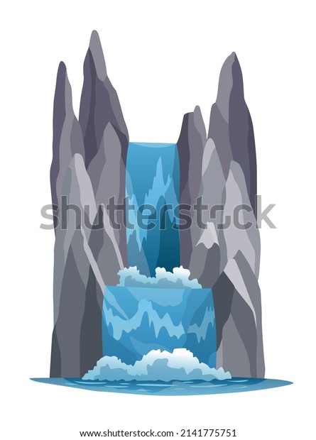 Waterfall Cascade Cartoon Landscape Rock Mountain 库存矢量图（免版税）2141775751 ...