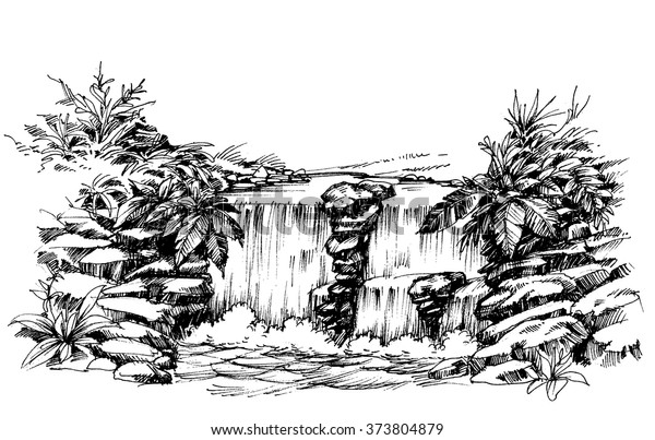 Dessin de cascade, croquis fluvial fluide : image vectorielle de stock ...