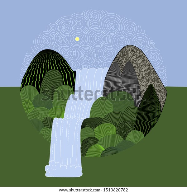 Waterfall Landscape Drawn Circle Landscape Drawn Stock Vector (Royalty ...