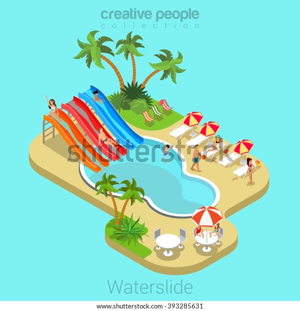 Waterslide flat 3d isometric summer vacation concept. Creative people ...