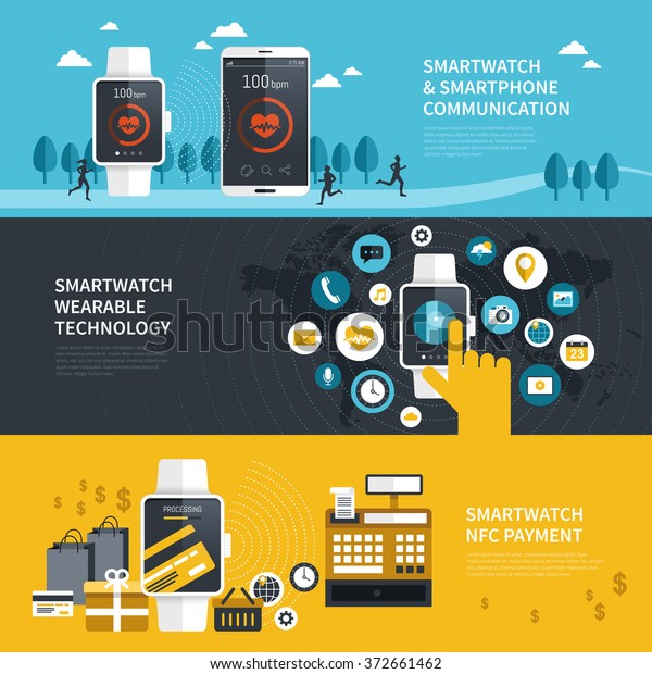 Wearable Smartwatch Functions Flat Banner Design Stock Vector (Royalty ...