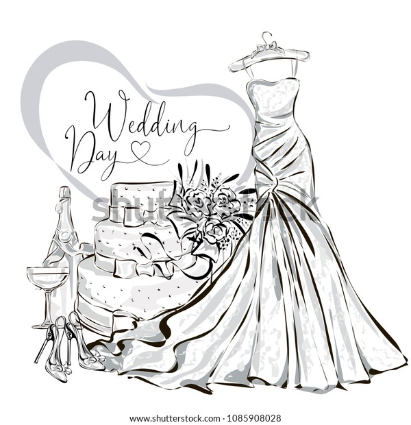 Wedding clip art set with beautiful wedding dress, wedding cake ...