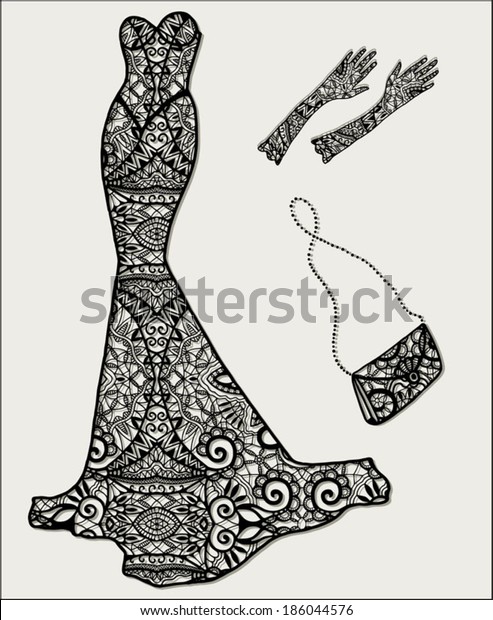Wedding evening dress, gloves, handbag, detailed lace pattern, isolated ...