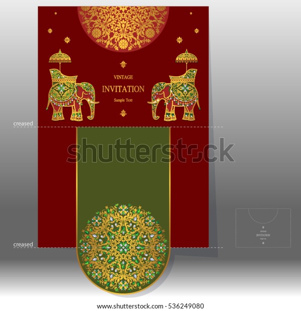 Wedding Invitation card templates with gold Elephant patterned and ...