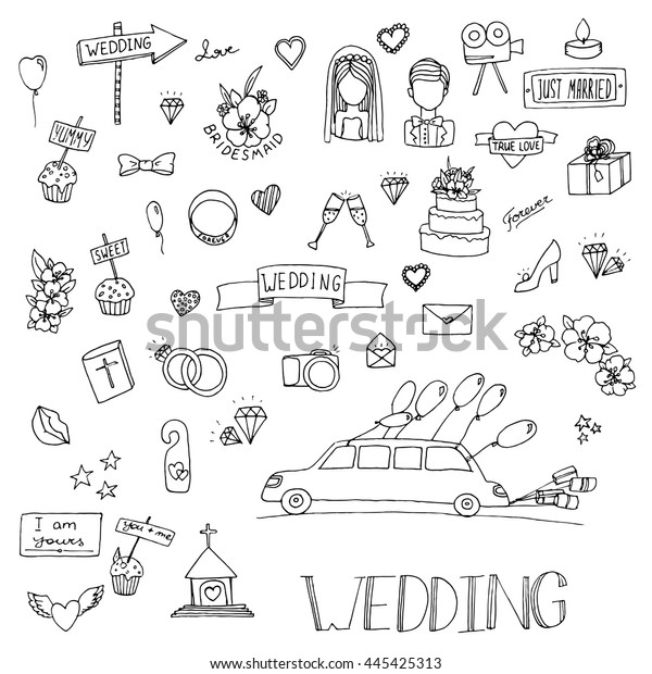 Wedding Set Icon Hand Drawn Wedding Stock Vector (Royalty Free) 445425313