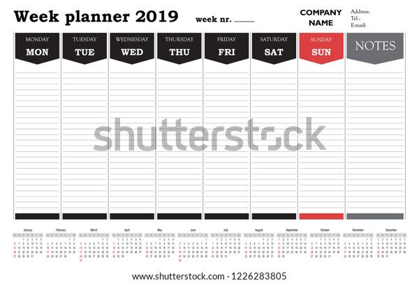 Week Planner 2019 Calendar Schedule Organizer Stock Vector (Royalty ...