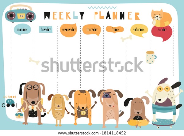 Weekly Planner Funny Dogs Doodle Cartoon Stock Vector (Royalty Free ...