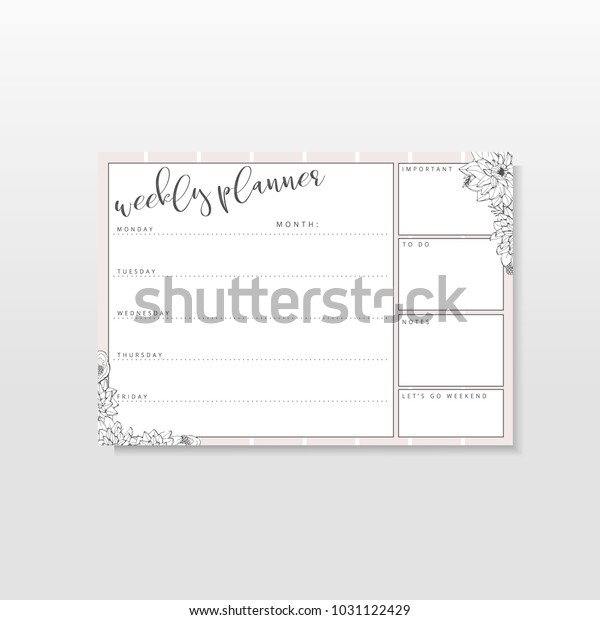 Weekly Planner Line Art Flowers Stationery Stock Vector (Royalty Free ...