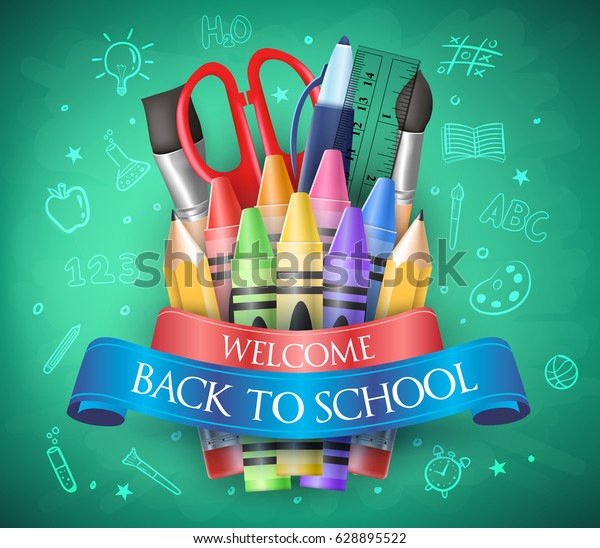 Welcome Back School Ribbon Crayons School: vector de stock (libre de ...