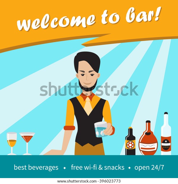Welcome Bar Vector Illustration Hipster Bartender Stock Vector (Royalty ...