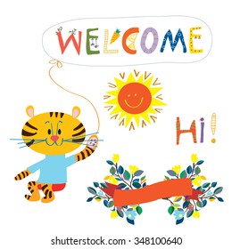 Welcome Card Elements Baby Cute Animal: เวกเตอร์สต็อก (ปลอดค่าลิขสิทธิ์ ...