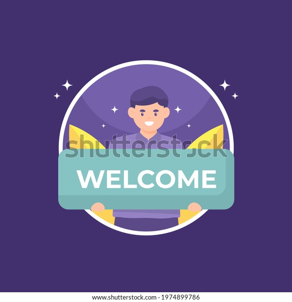 Vektor Stok Welcome Concept Illustration Man Holding Welcome (Tanpa ...