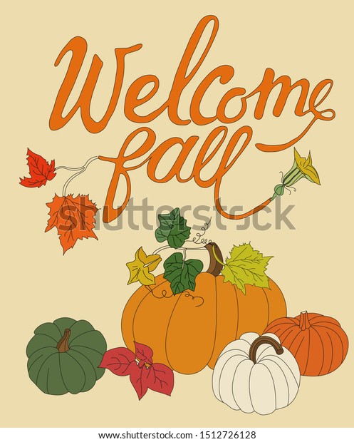 Welcome Fall Postcard Pumpkins Leaves Lettering Stock Vector (Royalty ...