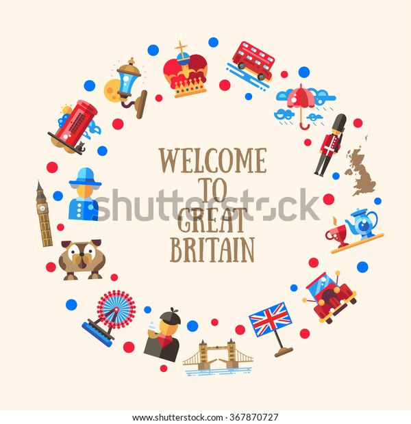 Welcome to Great Britain vector flat design circle postcard template ...