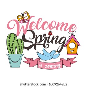 Welcome Spring Poster Bird Butterfly Cactus Stock Vector (Royalty Free ...