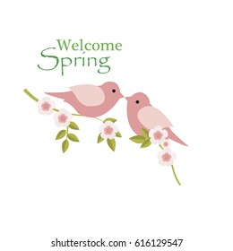 Vektor Stok Welcome Spring Words Couple Bird Flower (Tanpa Royalti ...