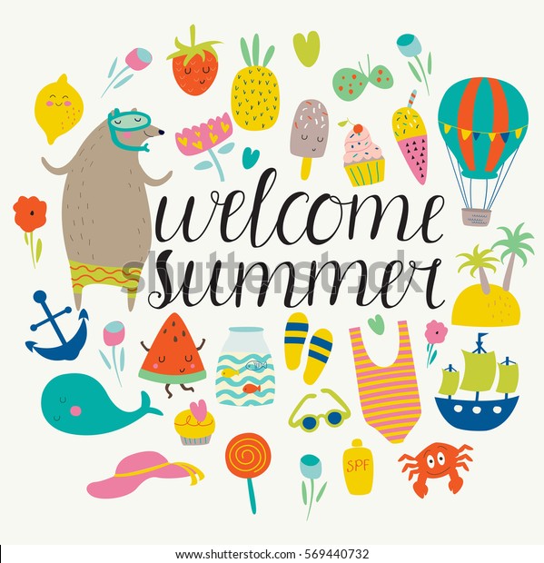 Welcome Summer Poster Cute Summer Illustrations Stock Vector (Royalty ...
