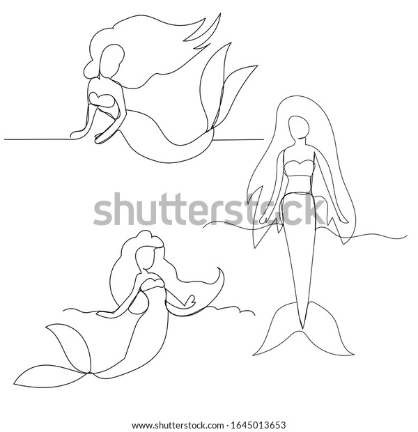 White Background Mermaid Continuous Line Drawing Stock Vector (Royalty ...