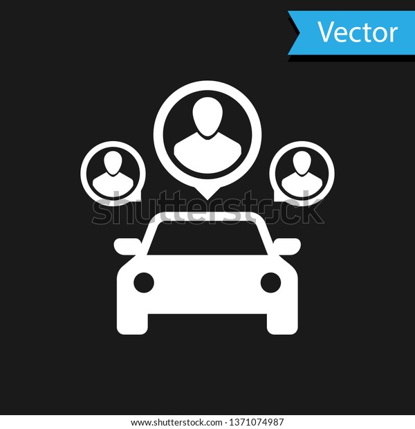 White Car sharing with group of people icon isolated on black ...