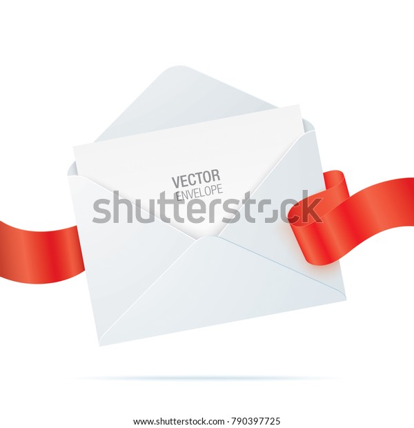 White envelope with red ribbon and blank paper inside, isolated on a ...