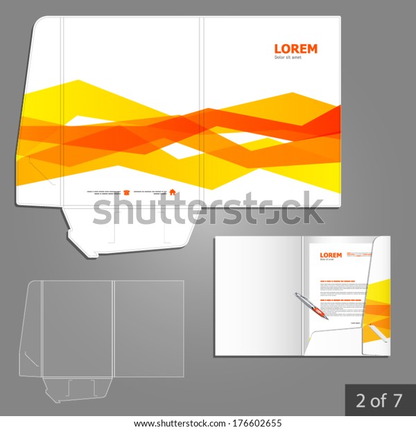 White folder template design for company with orange geometric lines ...